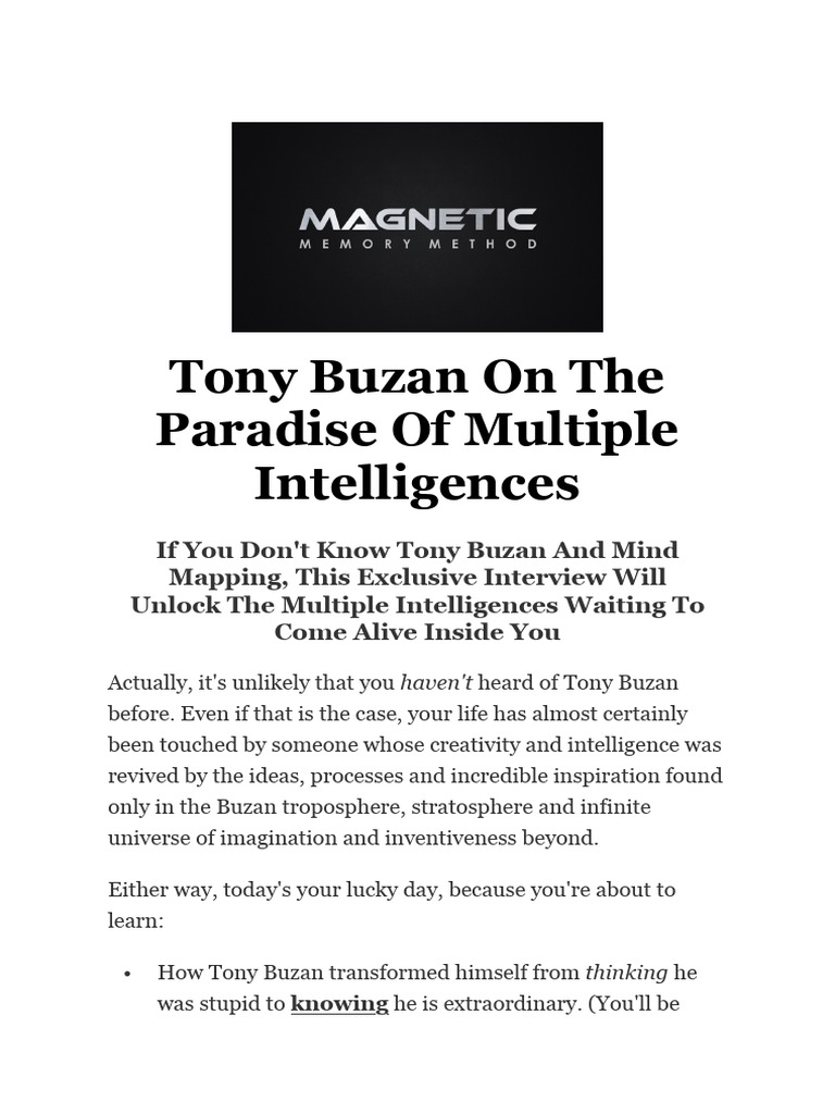 Tony Buzan On The Paradise of Multiple Intelligences Magnetic Memory ...
