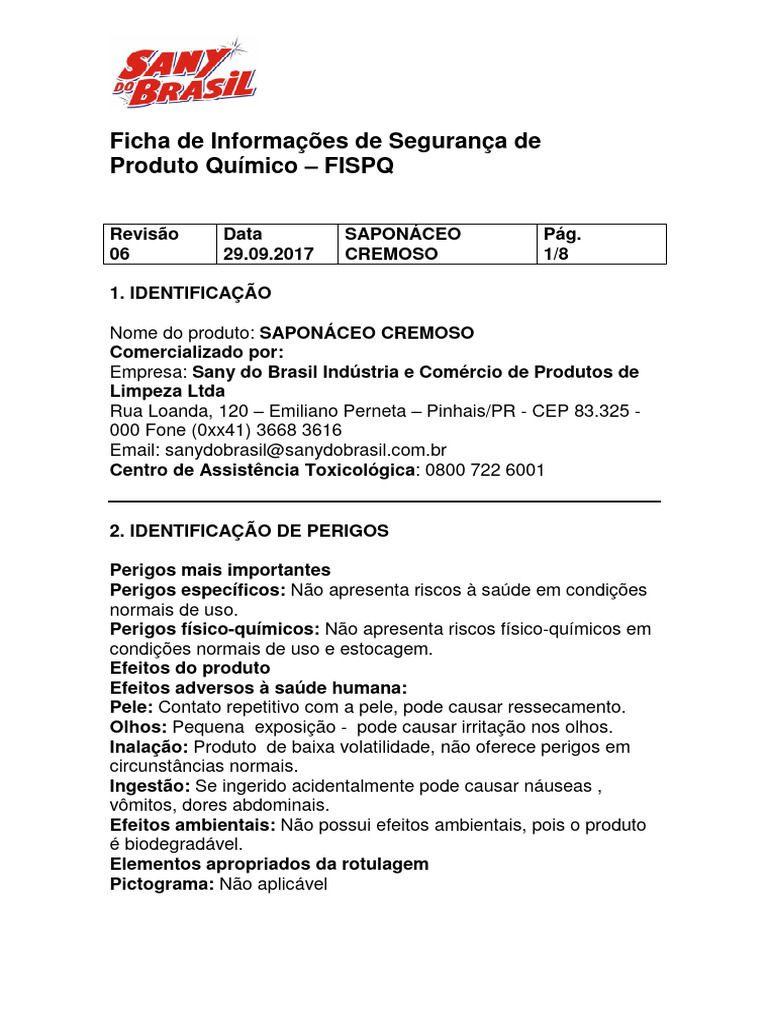 FISPQ do Saponáceo Cremoso | PDF | Química | Ciências Físicas