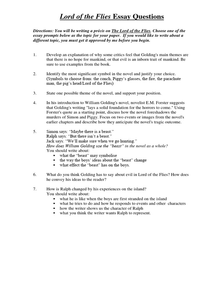 LORD OF THE FLIES Essay Questions | PDF