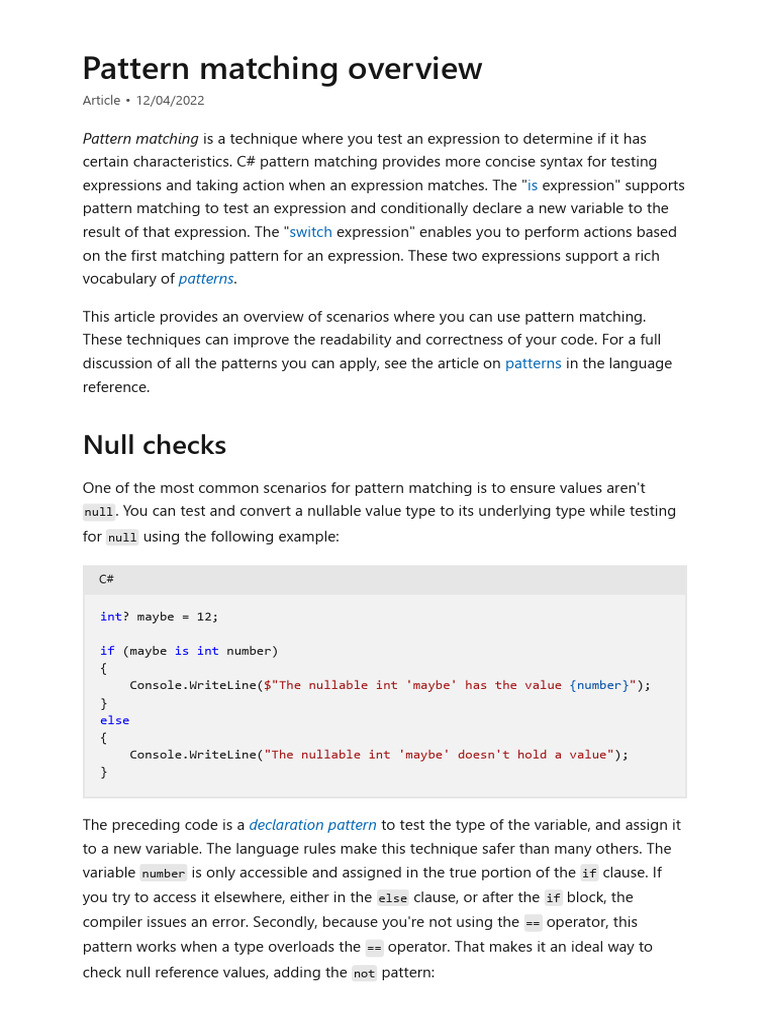 Pattern Matching Overview | PDF | C Sharp (Programming Language) | String (Computer Science)