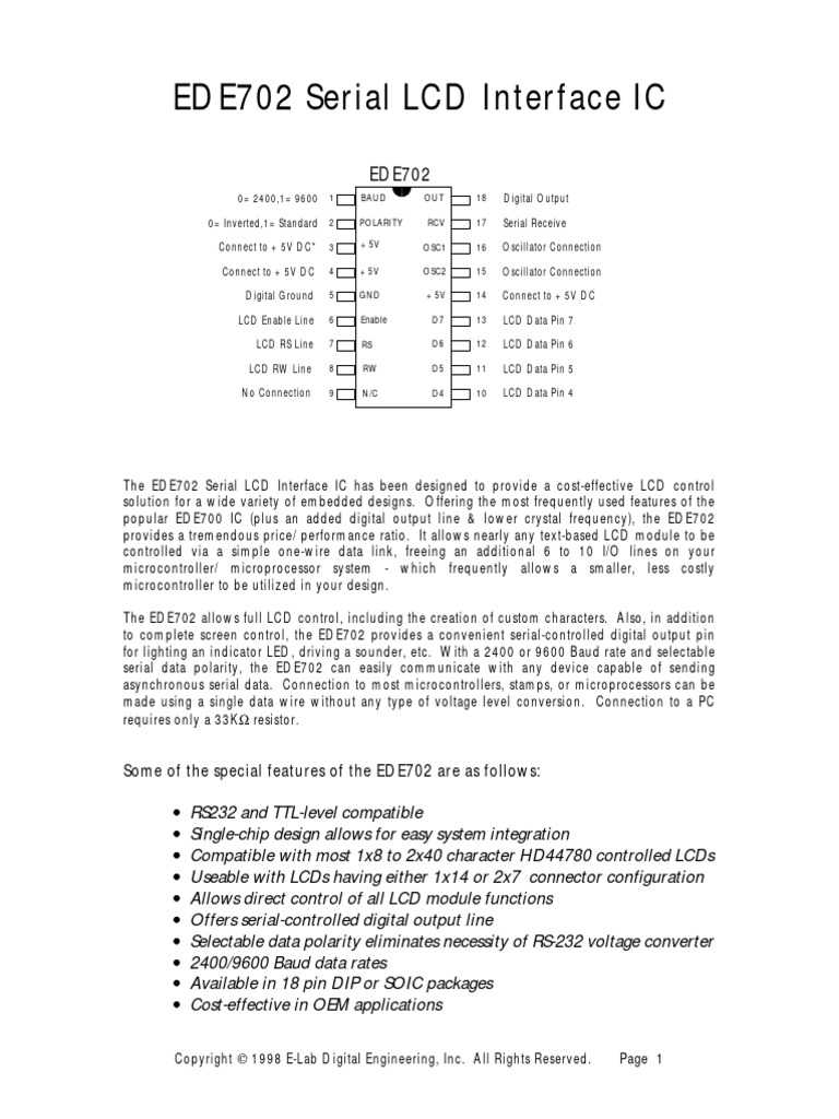 EDE702 Serial LCD Interface IC | PDF | Microcontroller | Liquid Crystal Display