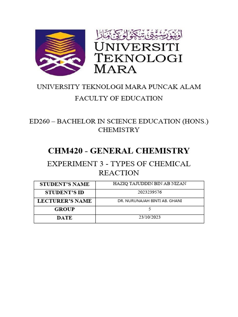 CHM420 Experiment 3: Chemical Reactions | PDF | Silver | Redox
