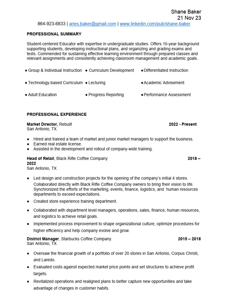 Shane Baker Resume - Teaching | PDF | United States Military Academy ...
