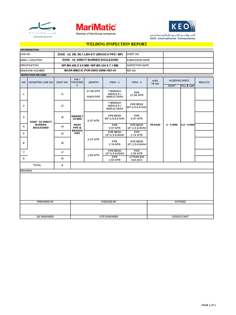 Welding Record - LB - 016 (MP & BP) DWG - 1075 | PDF