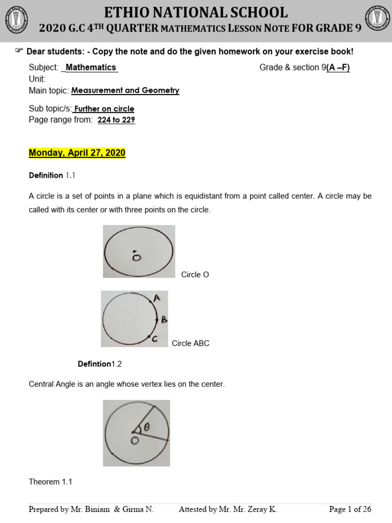 Grade 9 Mathematics Lesson Note May 1,2020 | PDF | Circle | Angle