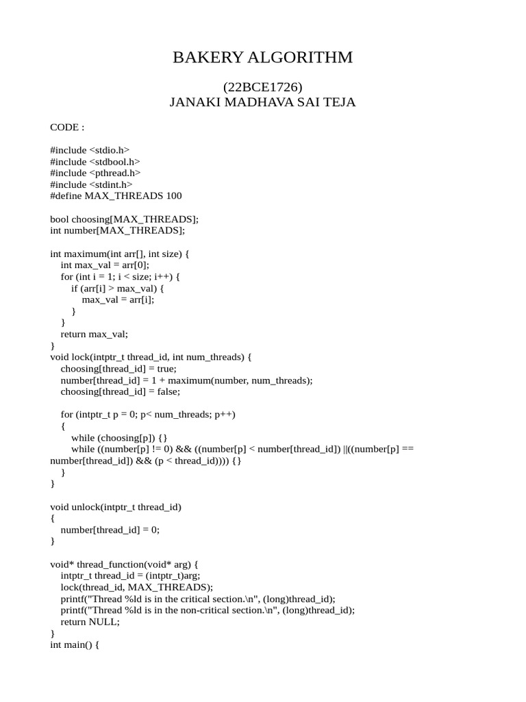 Bakery Algorithm in C Code | PDF