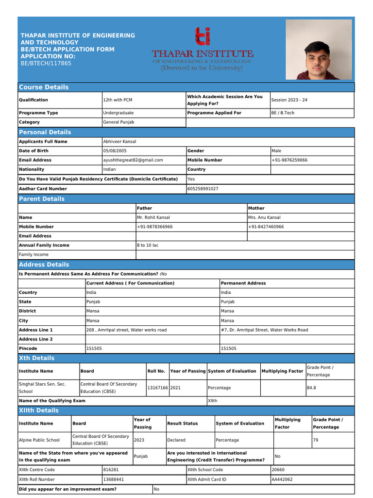 Registration Form BE BTECH 117865 | PDF | Engineering | Mechanical ...