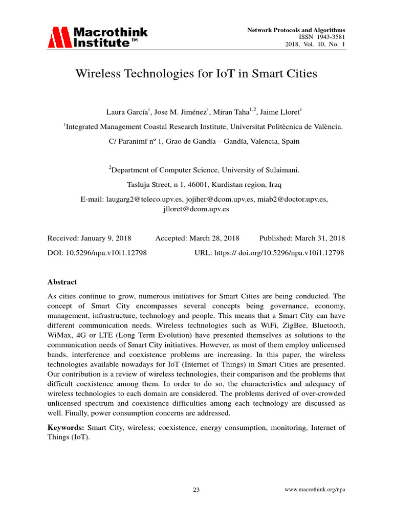 Wireless Tecnologies For IOT in Smart Cities | PDF | Ieee 802.11 ...