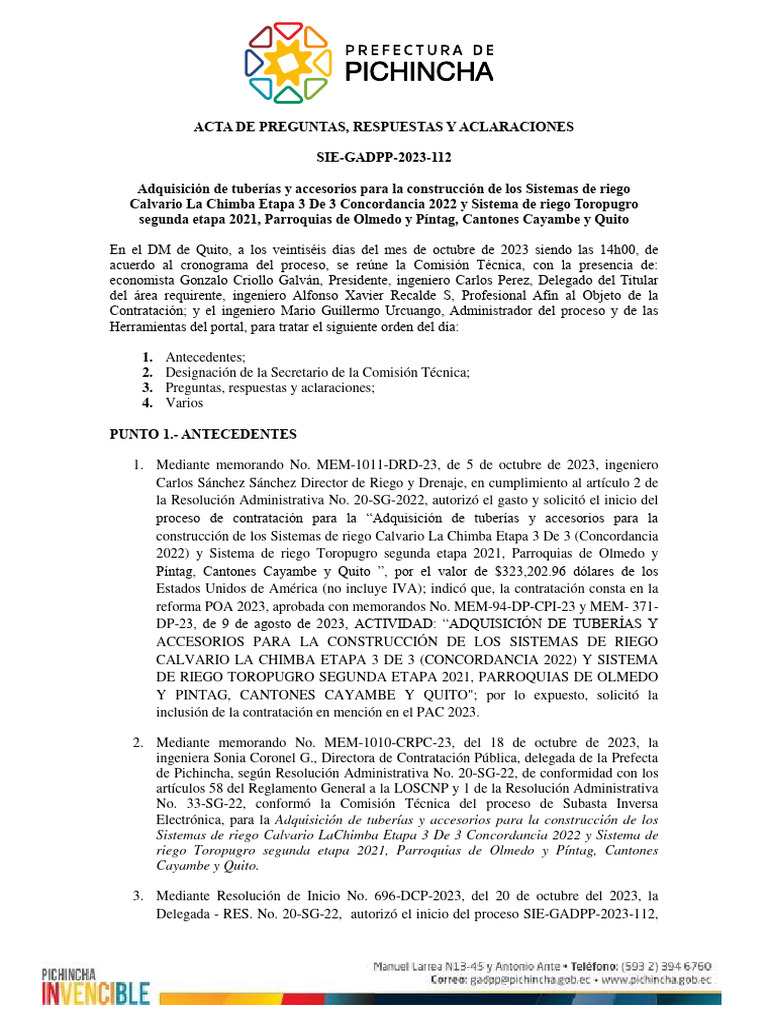ACTA DE PREGUNTAS RESPUESTAS Y ACLARACIONES SIE-GADPP-2023-112-signed | PDF | Regulación