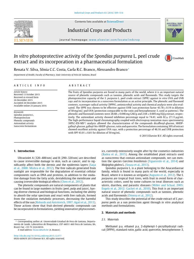 In Vitro Photoprotective Activity of The Spondias Purpurea L. Peel Crude | PDF | Sunscreen ...