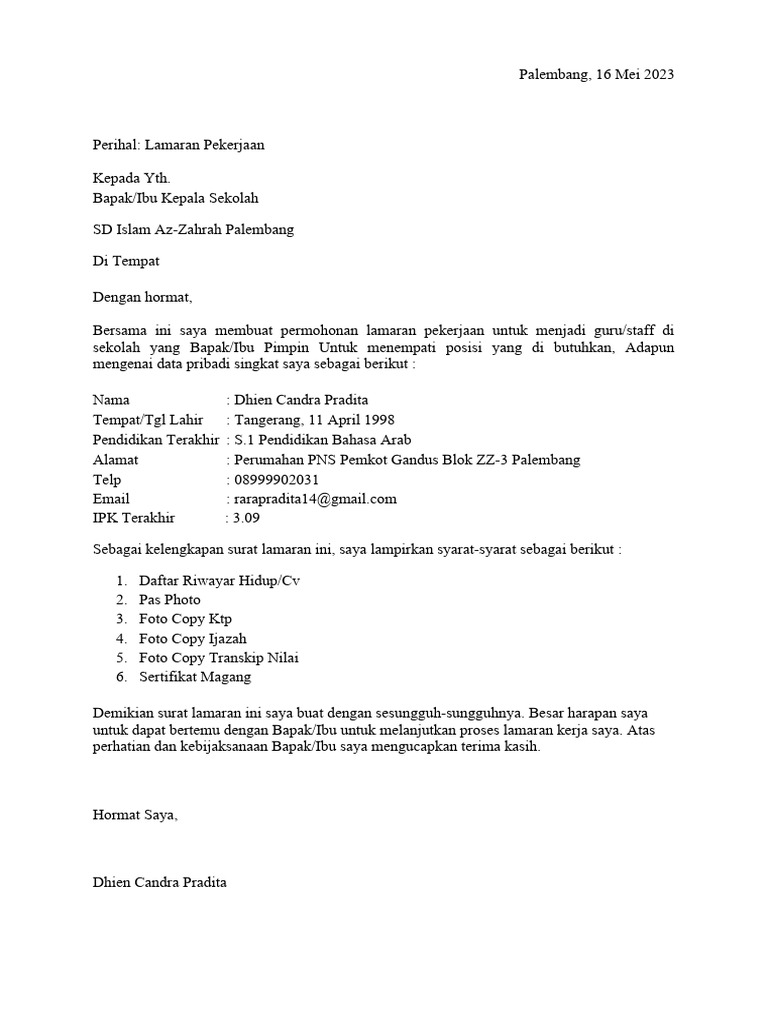 Surat Lamaran SD | PDF