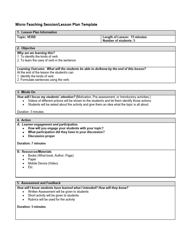 Lesson Plan Micro Teaching - Verb | PDF | Career & Growth