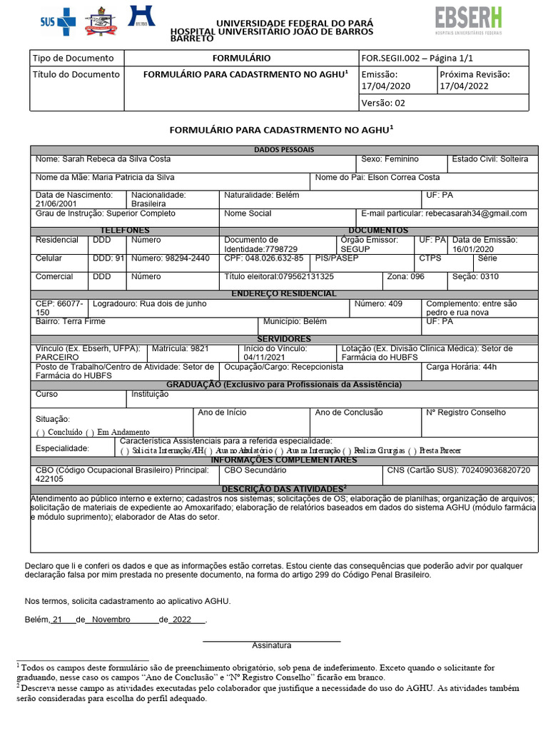 Formulário AGHU - Sarah | PDF