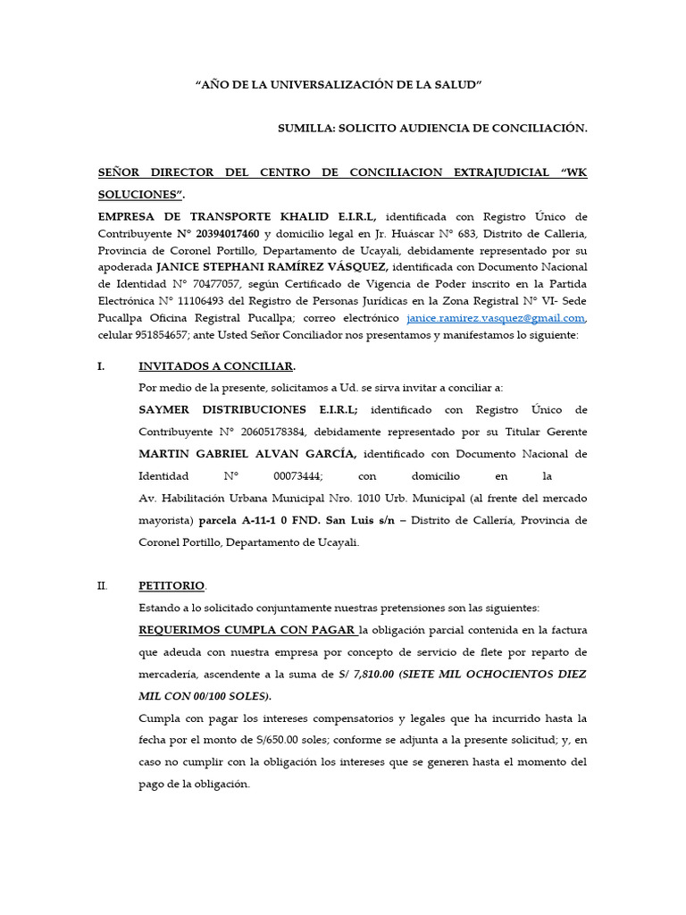 Solicitud de Conciliación de Obligación de Dar Suma de Dinero | PDF
