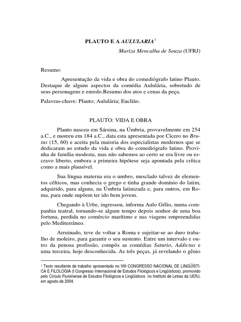 Souza Plauto e A Aulularia | PDF