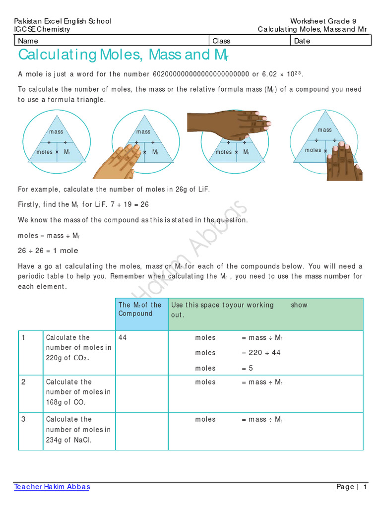 WS15 Calculating Moles Mass and MR Bronze Activity Sheet | PDF | Mole ...