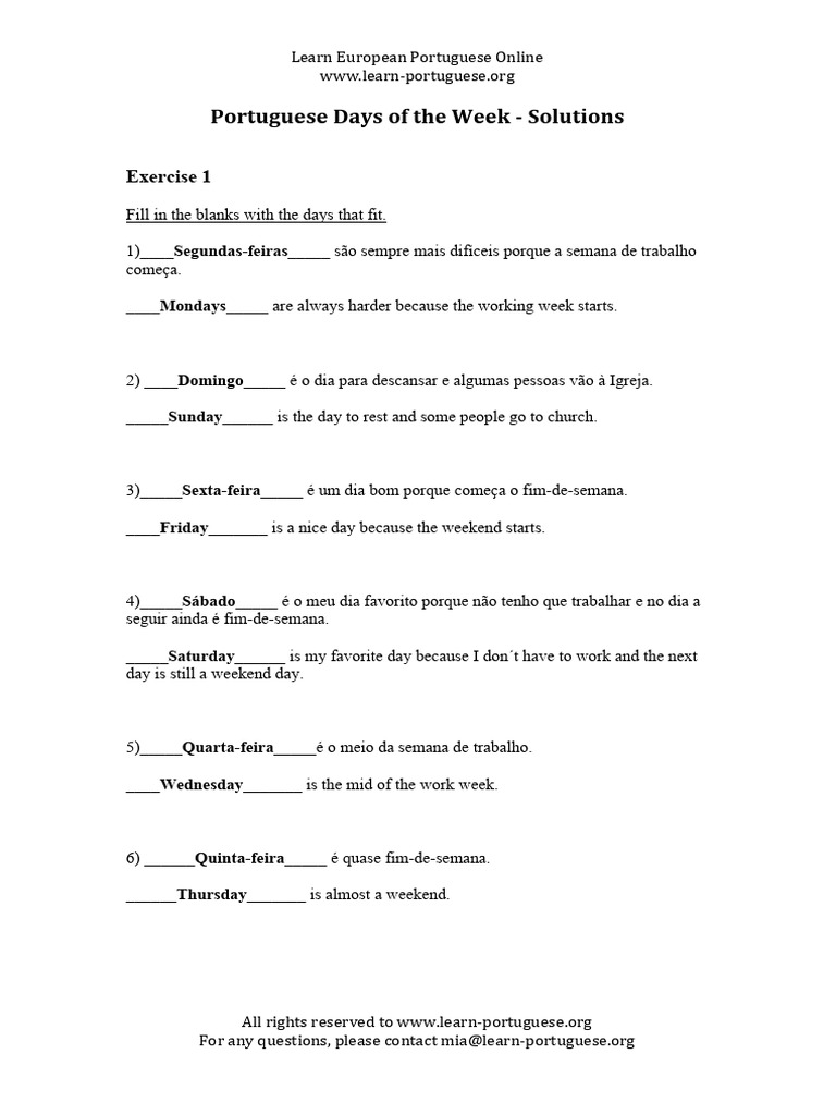 Portuguese Days of The Week - Solutions Author Mia | PDF