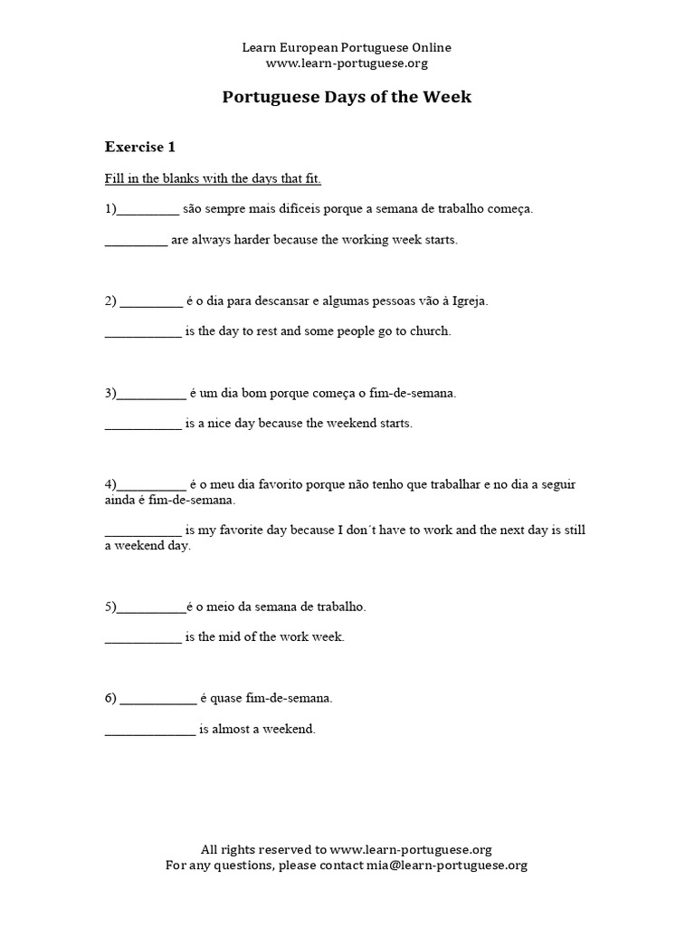 Portuguese Days of The Week - Exercises Author Mia | PDF