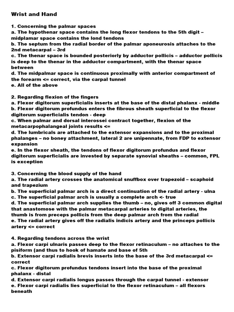 Wiki Wrist and Hand Mcqs Explained | PDF | Hand | Thumb