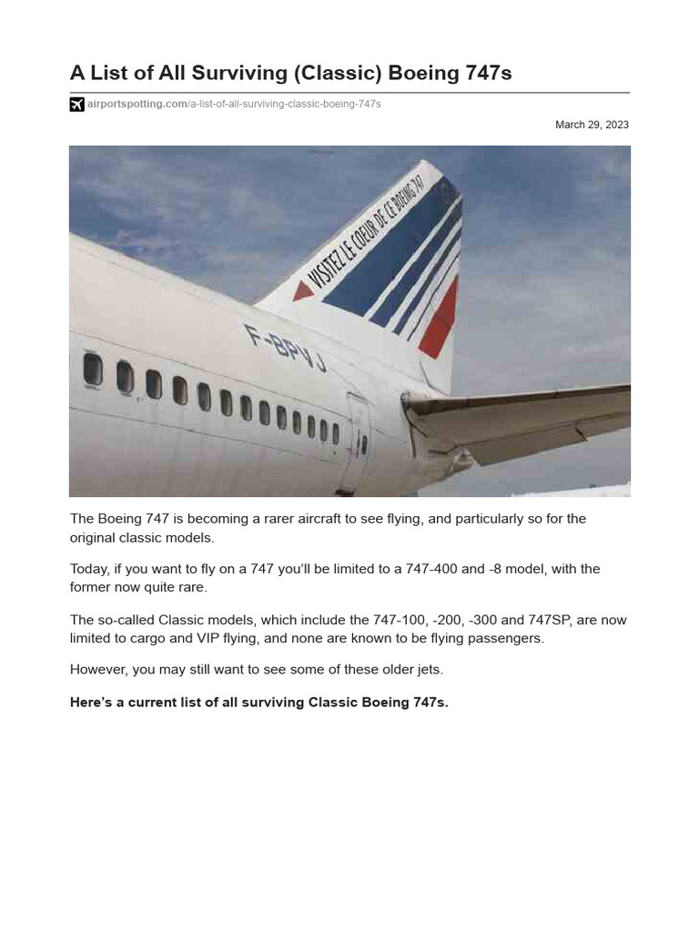 Surviving Classic Boeing 747s List | PDF | Transport Companies | Boeing