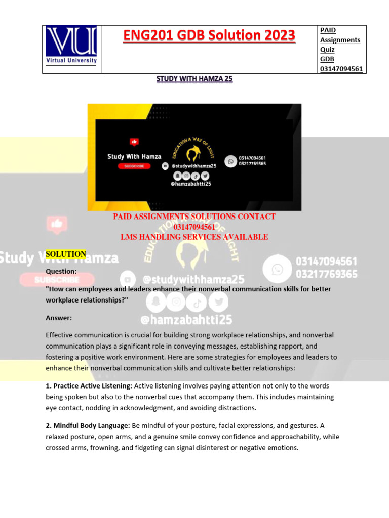 ENG201 GDB SOLUTION 2023 by "° - °" ?????? ??? "° - °" | PDF | Nonverbal Communication ...