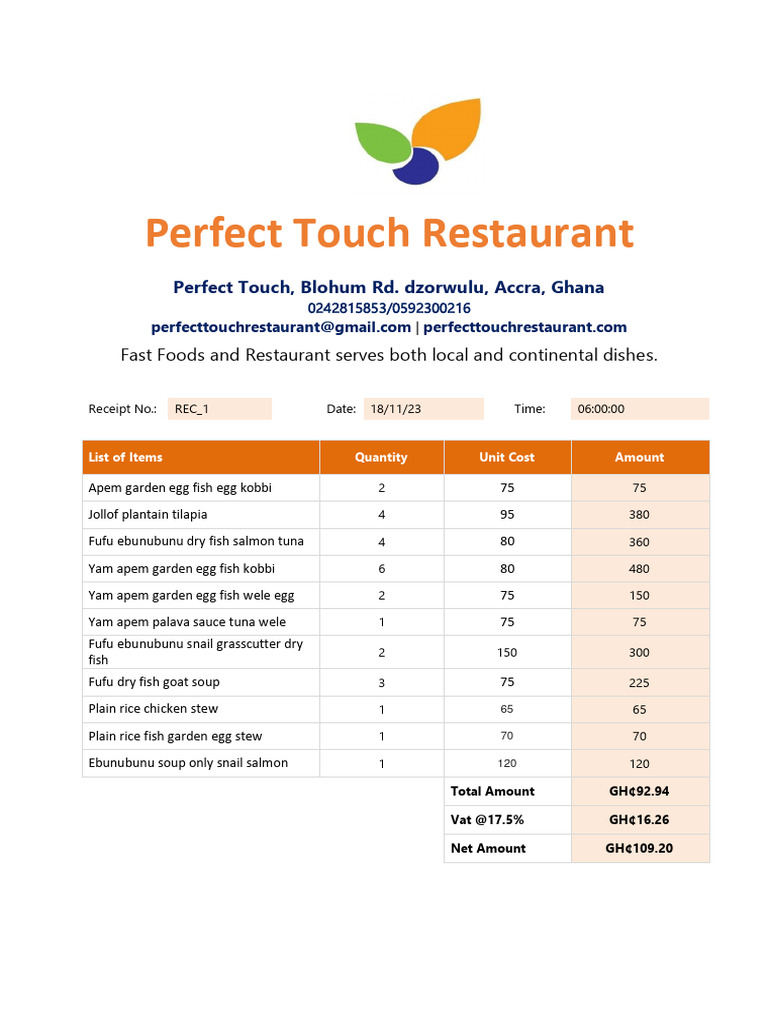 Perfect Touch Restaurant Menu & Prices | PDF