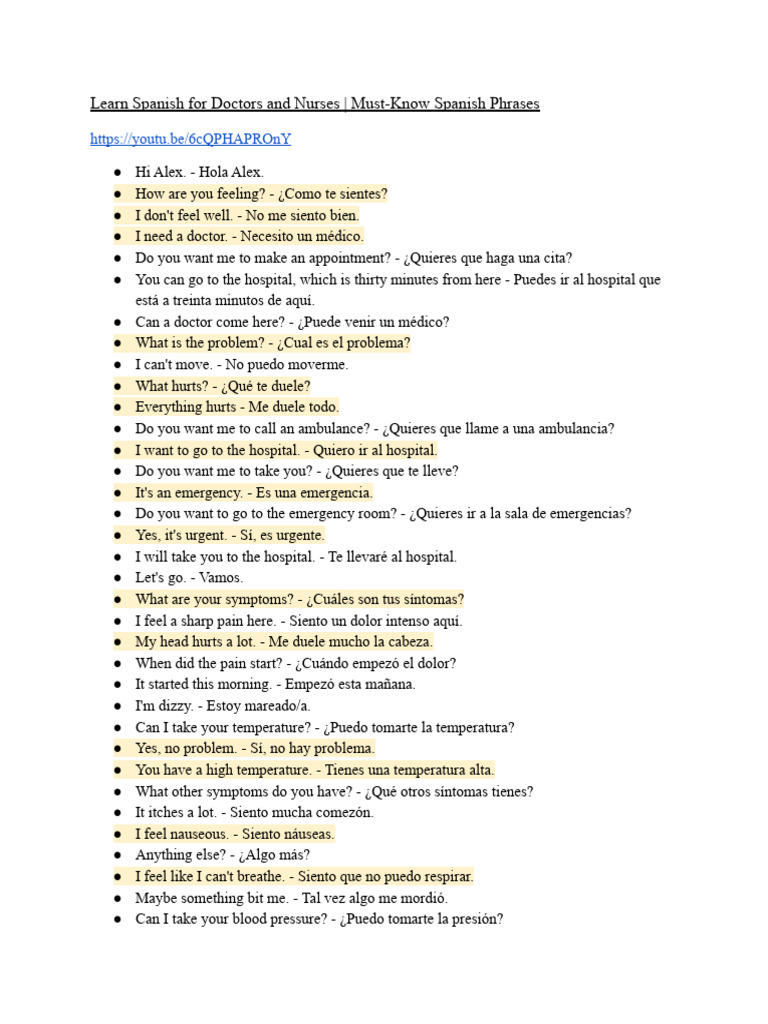Learn Spanish For Doctors And Nurses Must Know Spanish Phrases Pdf
