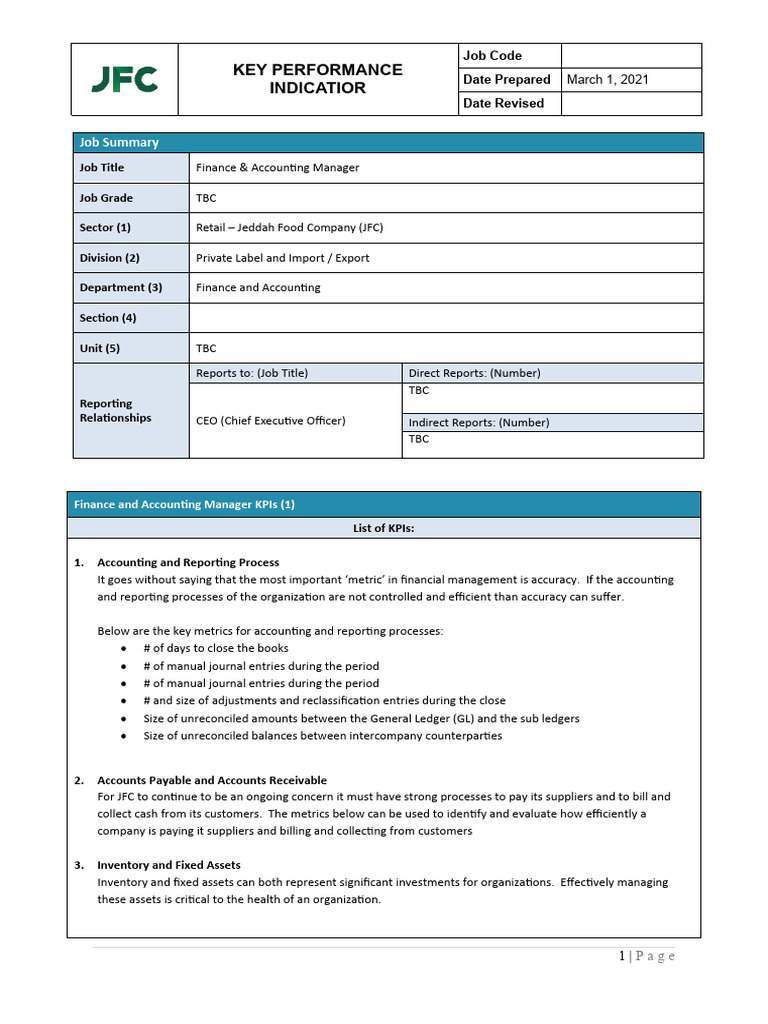 KPIs For Finance & Accounting Manager | PDF | Net Present Value ...