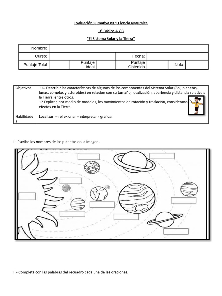 Evaluación Sistema Solar 3° Básico | PDF | Tierra | Planetas