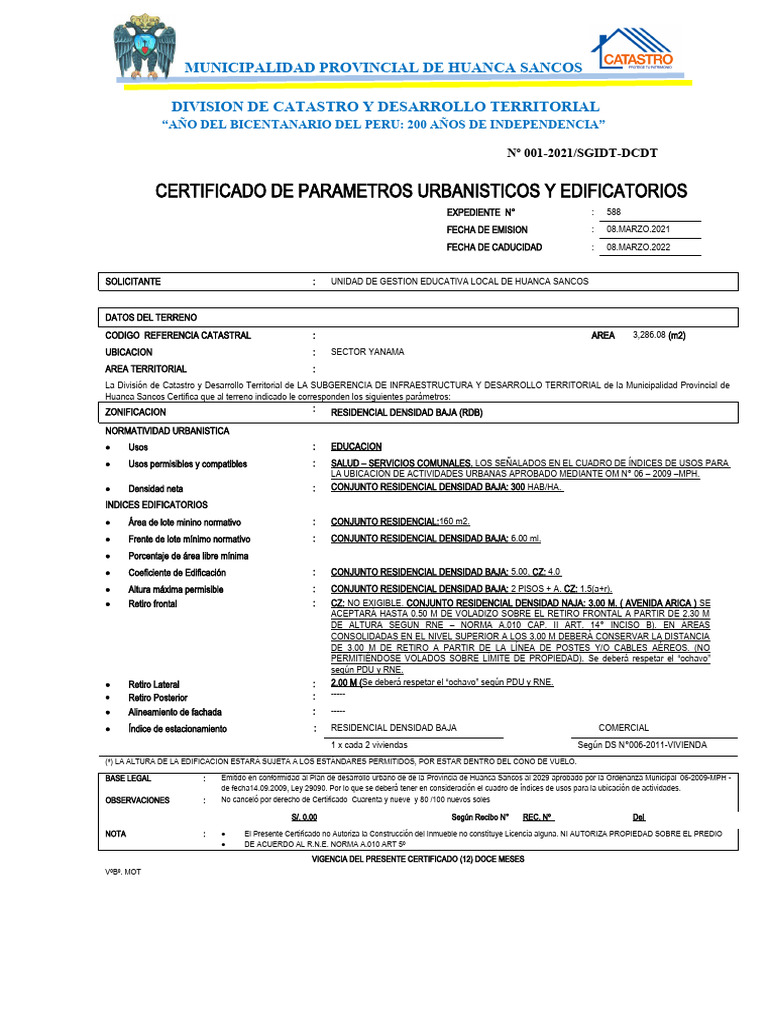 Certificado de Parametros Urbanisticos | Descargar gratis PDF | Suministro de agua | Ingeniería ...