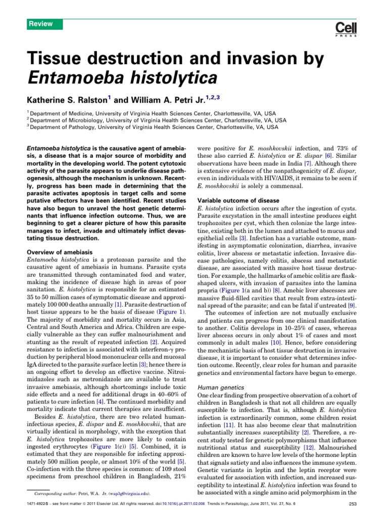 Tissue Destruction and Invasion by Entamoeba Histolytica | PDF ...