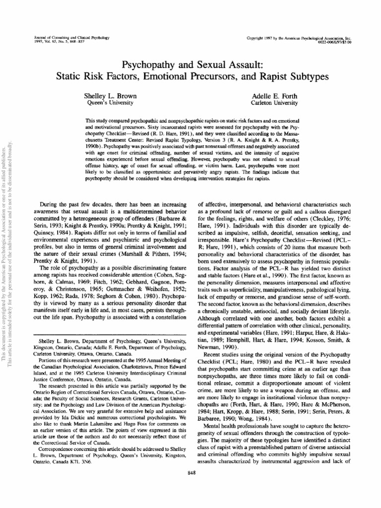 Brown Et Al., 1997 | PDF | Psychopathy | Criminology Brown Et Al., 1997 | PDF | Psychopathy | Criminology
