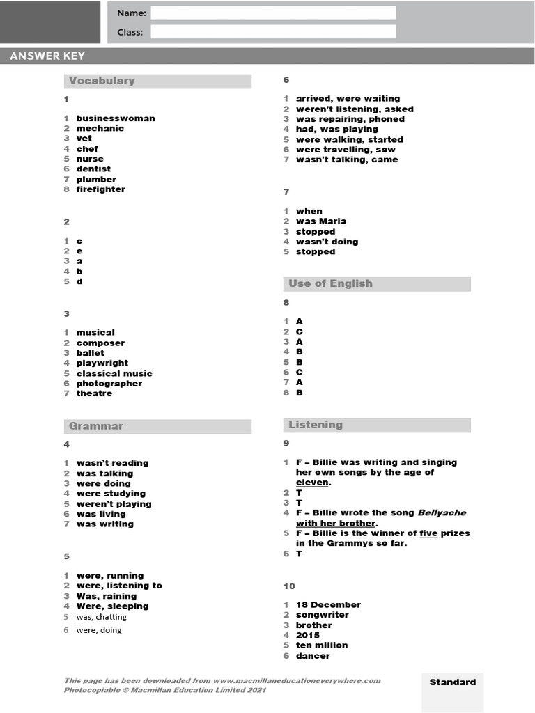 A2 U5 Test Standard Answer Key | PDF