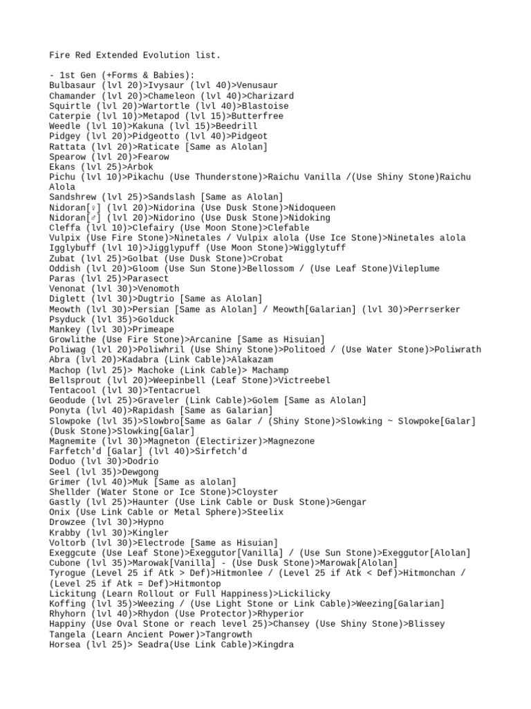 Fire Red Extended - Evolution List | PDF | Pokémon | Mythopoeia