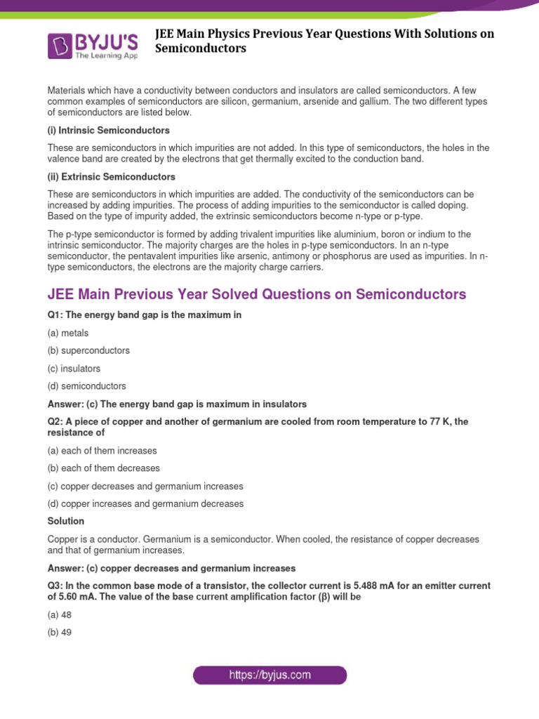 JEE Main Physics Previous Year Questions With Solutions On Semiconductors | PDF | Semiconductors ...