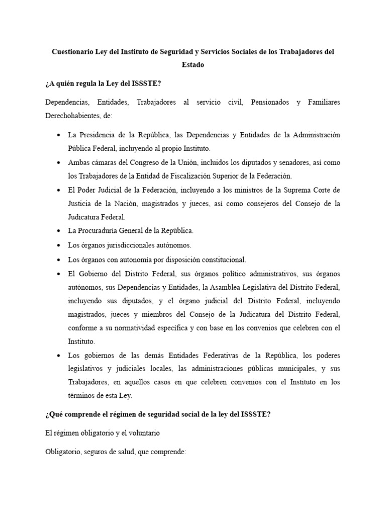 Cuestionario Ley Del Instituto De Seguridad Y Servicios Sociales De Los