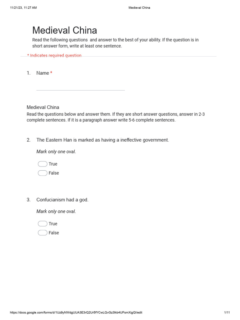 Medieval China Test - Google Forms | PDF | History Of China | China