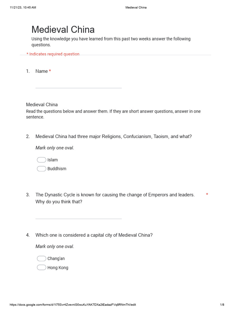 Shortened Medieval China Test - Google Forms | PDF | History Of China ...