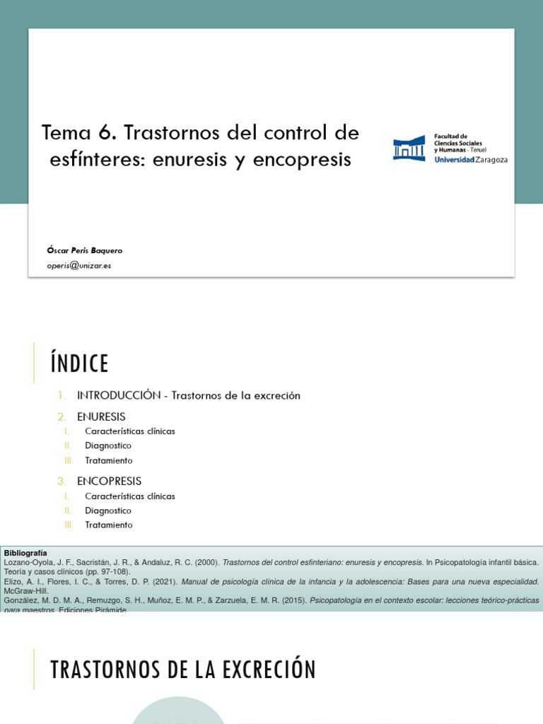 Tema 6. Trastornos Del Control de Esfínteres. Enuresis y Encopresis | PDF | Orina nocturna al ...