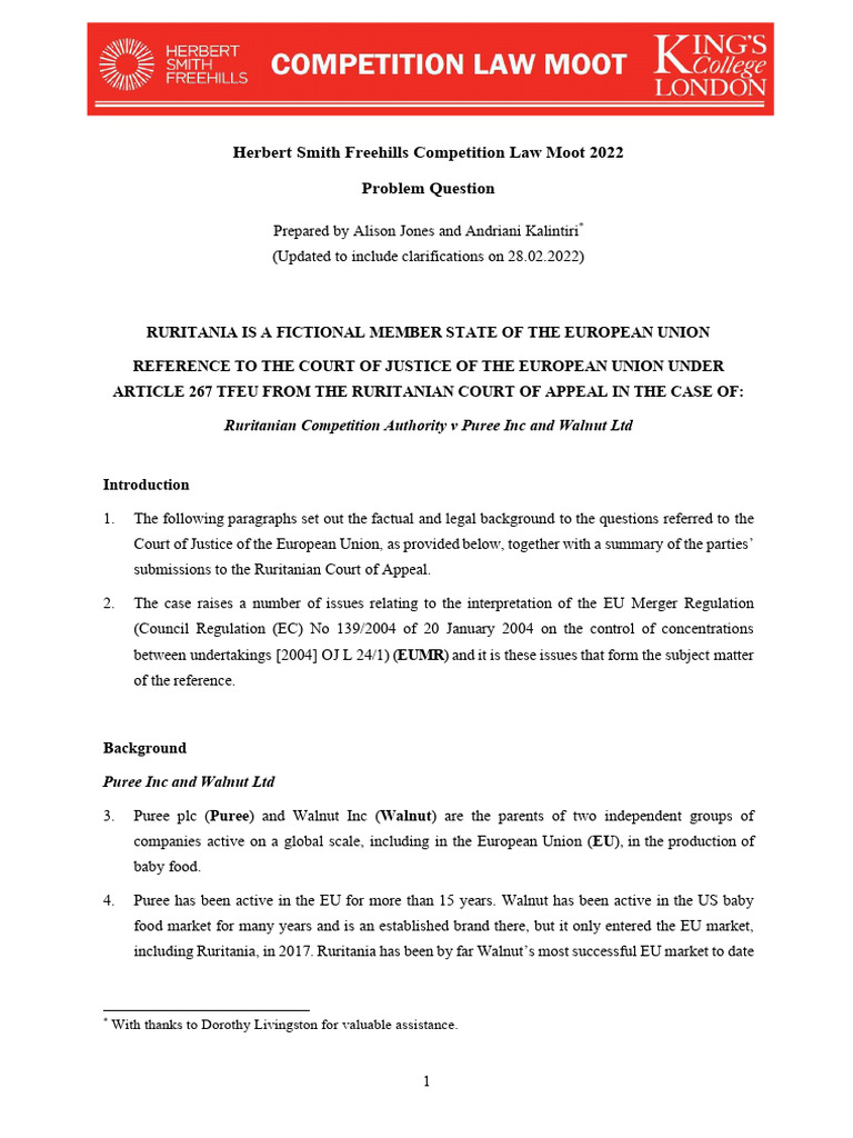 Herbert Smith Freehills Competition Law Moot 2022 Problem Question | PDF | Justice | Crime ...