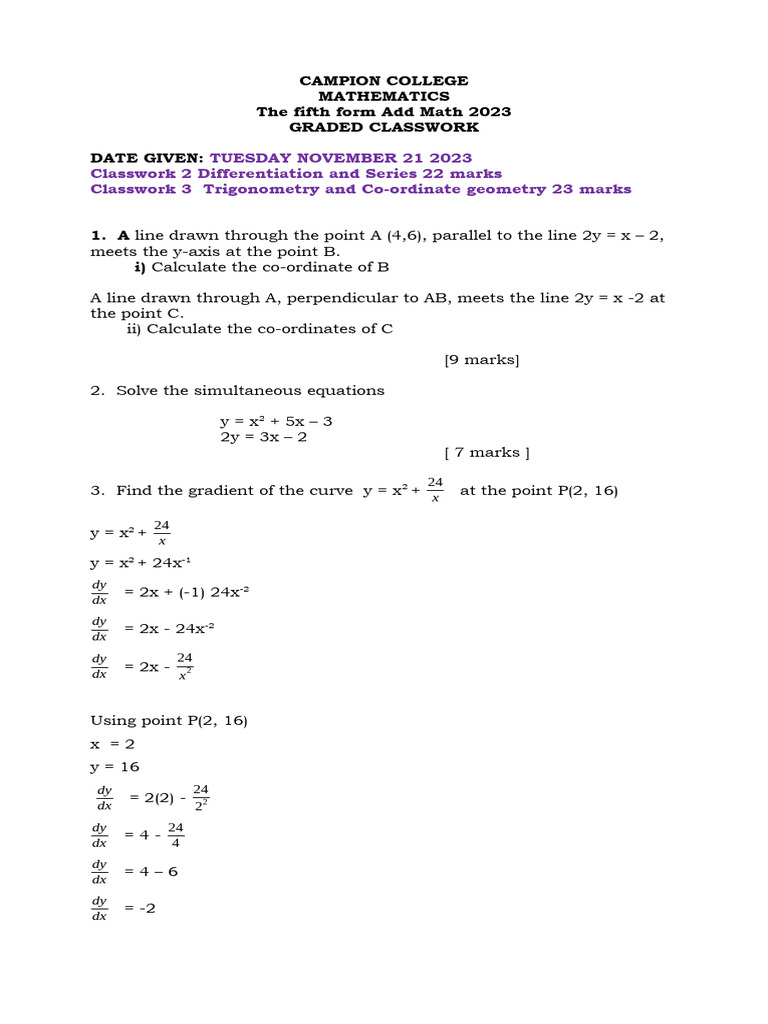 Fifth Form Add Math Classwork | PDF | Mathematics | Geometry