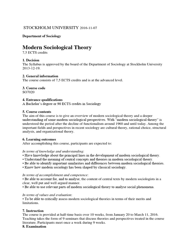 Modern Sociological Theory Course Syllabus | PDF | Sociology | Theory