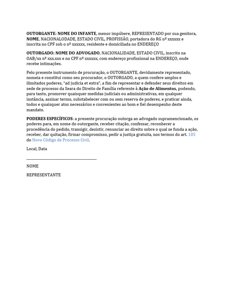 Procuracao Judicial para Acao de Alimentos Com Representacao de ...