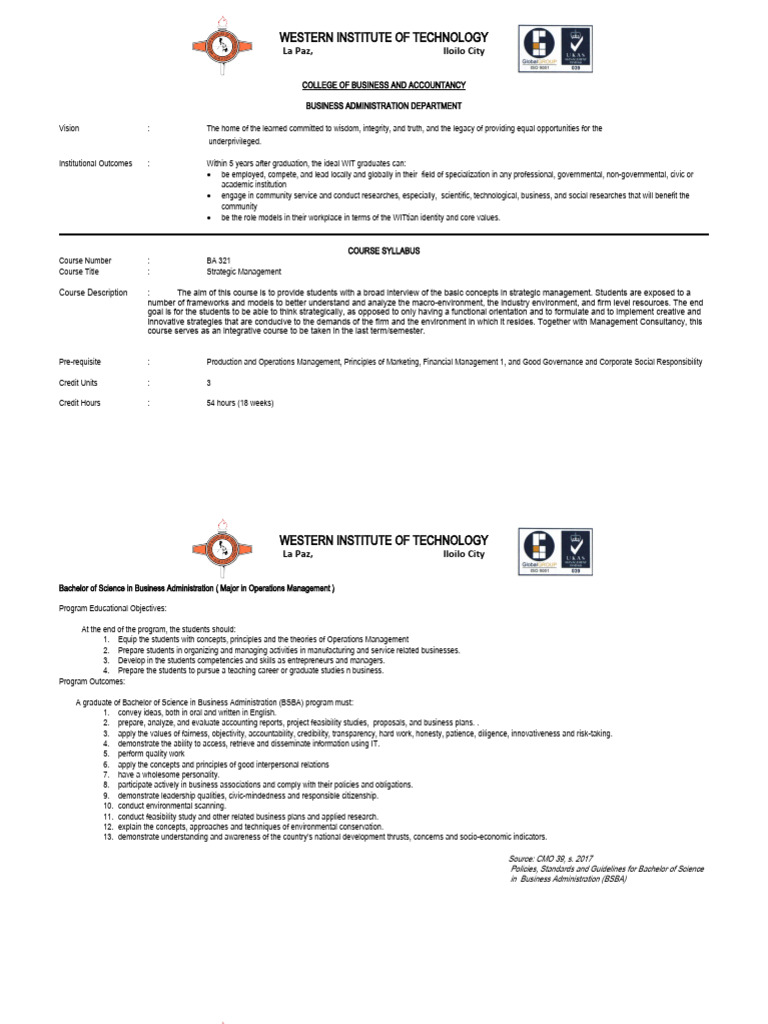 Strategic Managment Obe SYLLABUS | PDF | Strategic Management | Business