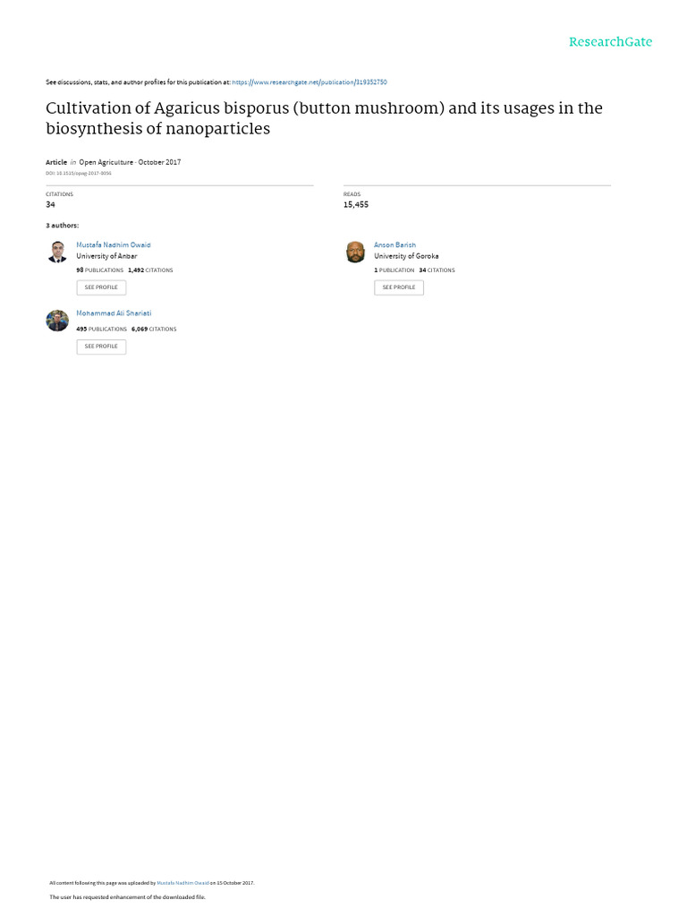 Cultivation of Agaricus Bisporus (Button Mushroom) and Its Usages in The Biosynthesis of ...