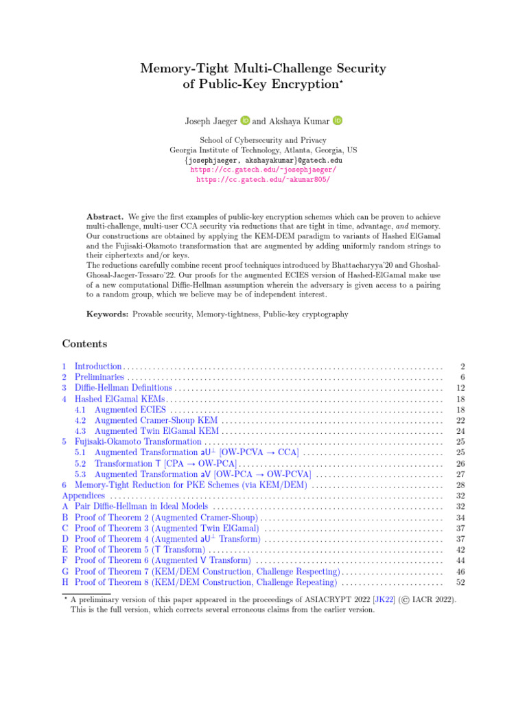 Memory-Tight Multi-Challenge Security of Public-Key Encryption | PDF