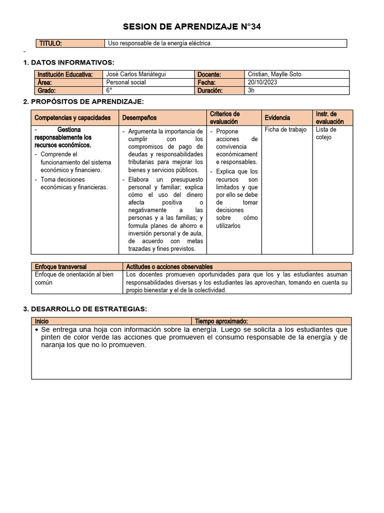 Sesion de Aprendizaje P.S N | PDF | Evaluación | Uso eficiente de energía Sesion de Aprendizaje P.S N | PDF | Evaluación | Uso eficiente de energía