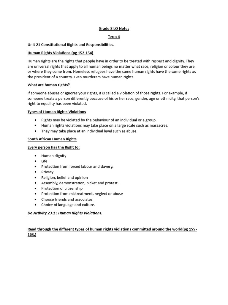 Grade 8 LO Notes TERM 4 | PDF | Domestic Violence | Violence