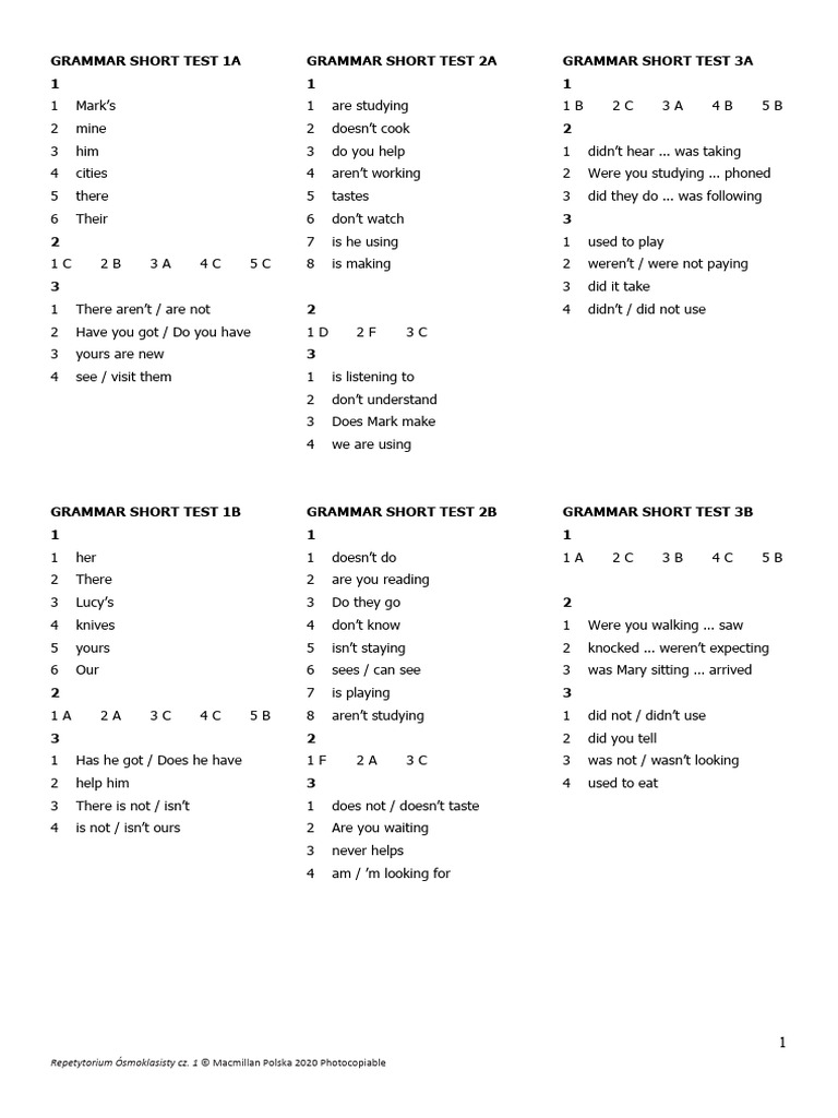 Repetytorium 8klasisty Cz1 Gram Short Tests Key | PDF