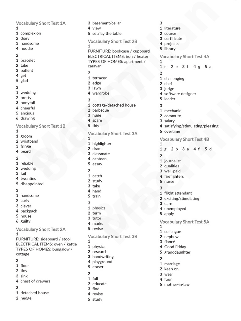 Vocabulary Short Tests for 8th Graders | PDF | Home
